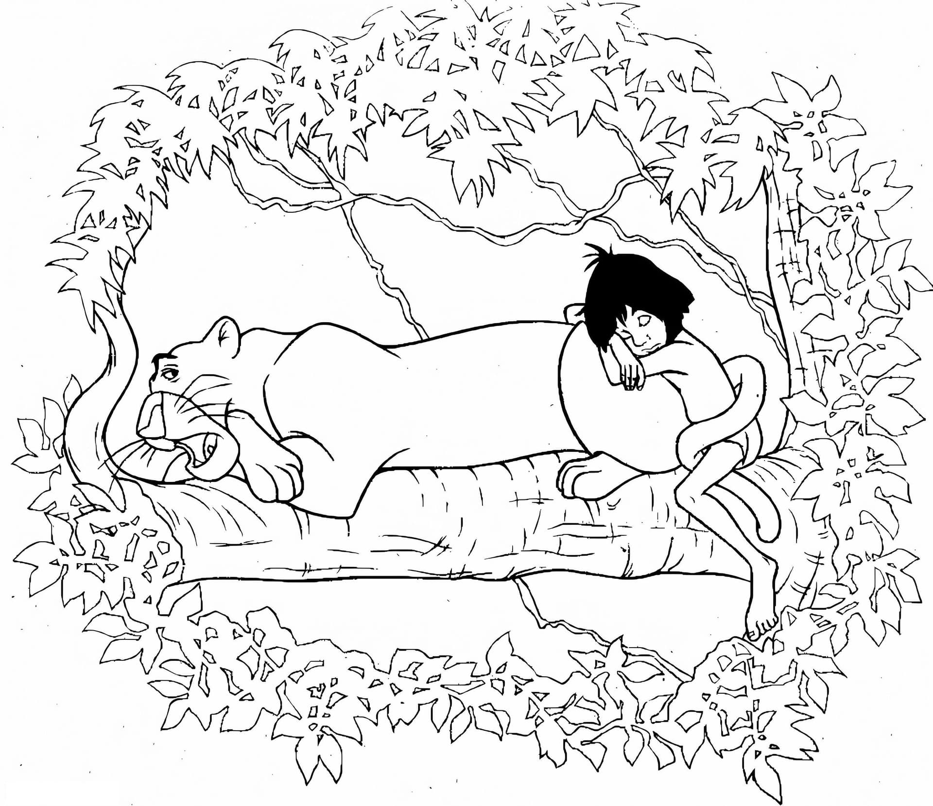 Bagheera and Mowgli Sleeping - Printable Coloring Page (Free PDF)